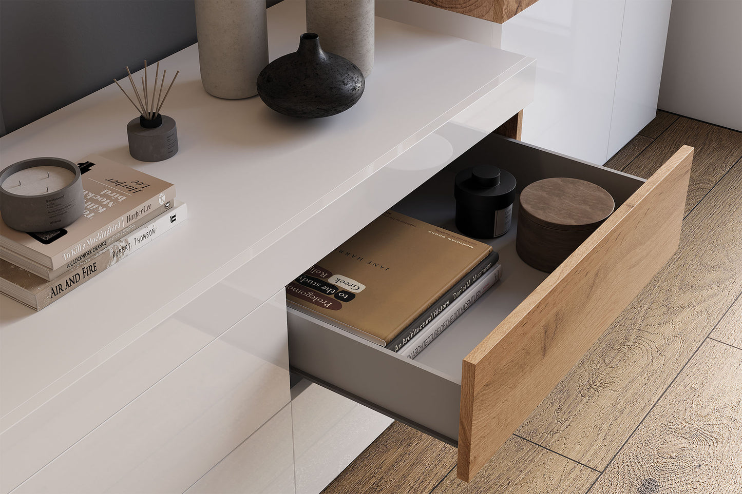 Kumode Solani 219/85/40 cm balts/Votan ozols – N1 Home